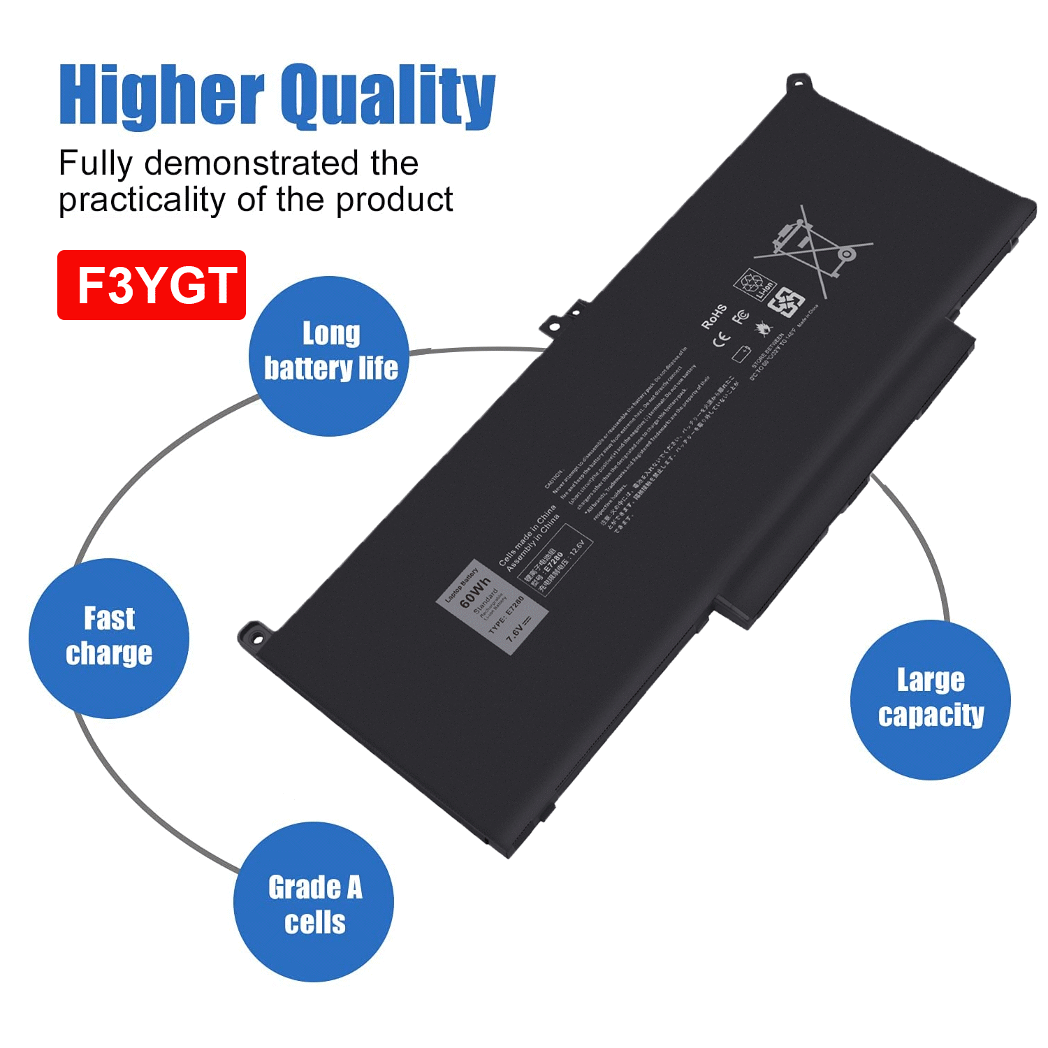 F3YGT Battery for Dell Latitude 12/13/14 E7280 E7480 7480 7490 7380 ...