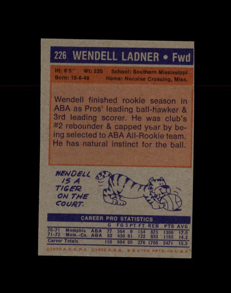1972 Topps Basketball #226 Wendell Ladner RC STARX 5 EX (LS806143) | eBay