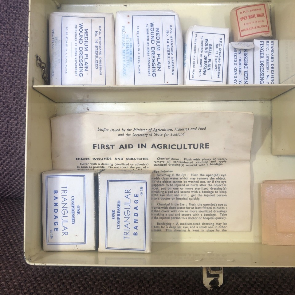 Vintage Minimax First Aid Enamel Tin Box With Vintage Medical Bandages ...