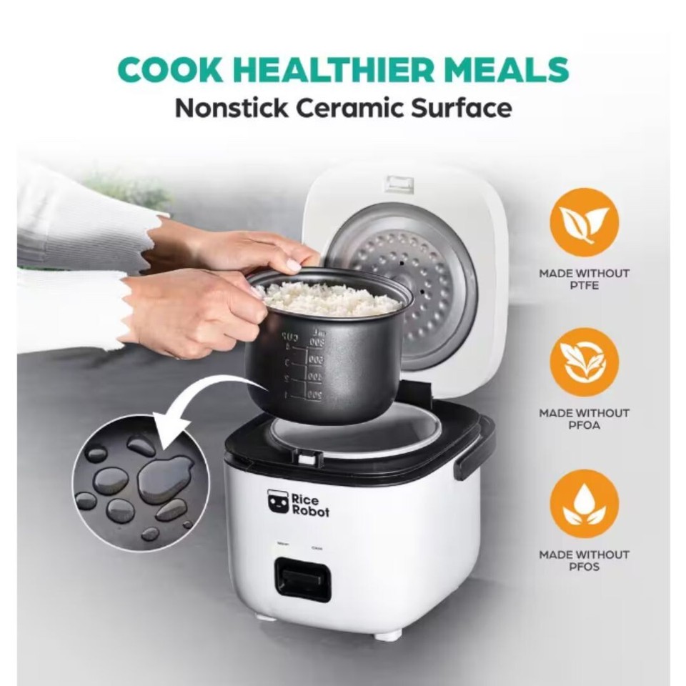 Rice Robot 4 Cup White Space Saving Rice Cooker with Ceramic Nonstick ...