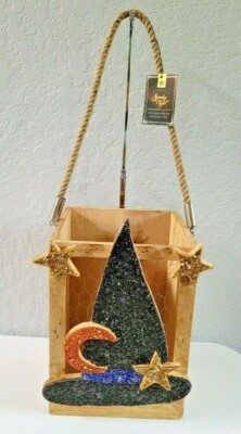 Authentique Spooky Night LED Candle Holder Wood Halloween Witch Hat | eBay
