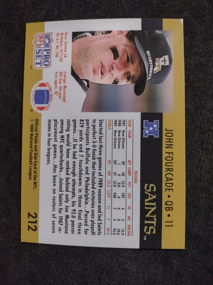 1990 Pro Set John Fourcade New Orleans Saints #212 Football Card | eBay