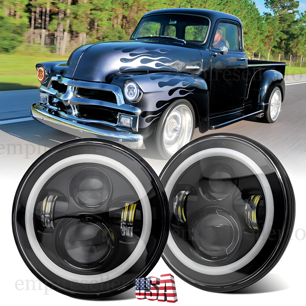 2pc 7inch LED Round Headlights Halo Ring Sealed Beam for Chevy Pickup ...