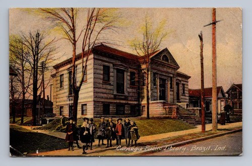 Kids Outside of Carnegie Public Library BRAZIL Indiana Antique ...