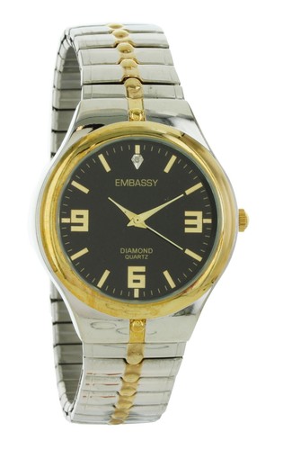 NIB Embassy Dimond Men TWO Tone GOLD Bezel Analog Quartz Watch GEM013 ...