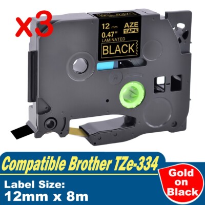 3x Generic 12mm Label Tape TZe334 for Brother P-Touch TZ-334 Gold on ...