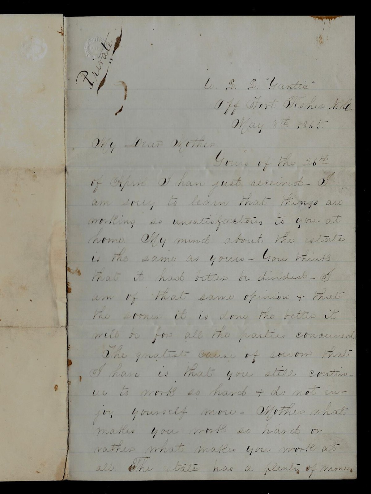 1865 Civil War Navy Letter - USS Yantic Off Coast of FORT FISHER North ...