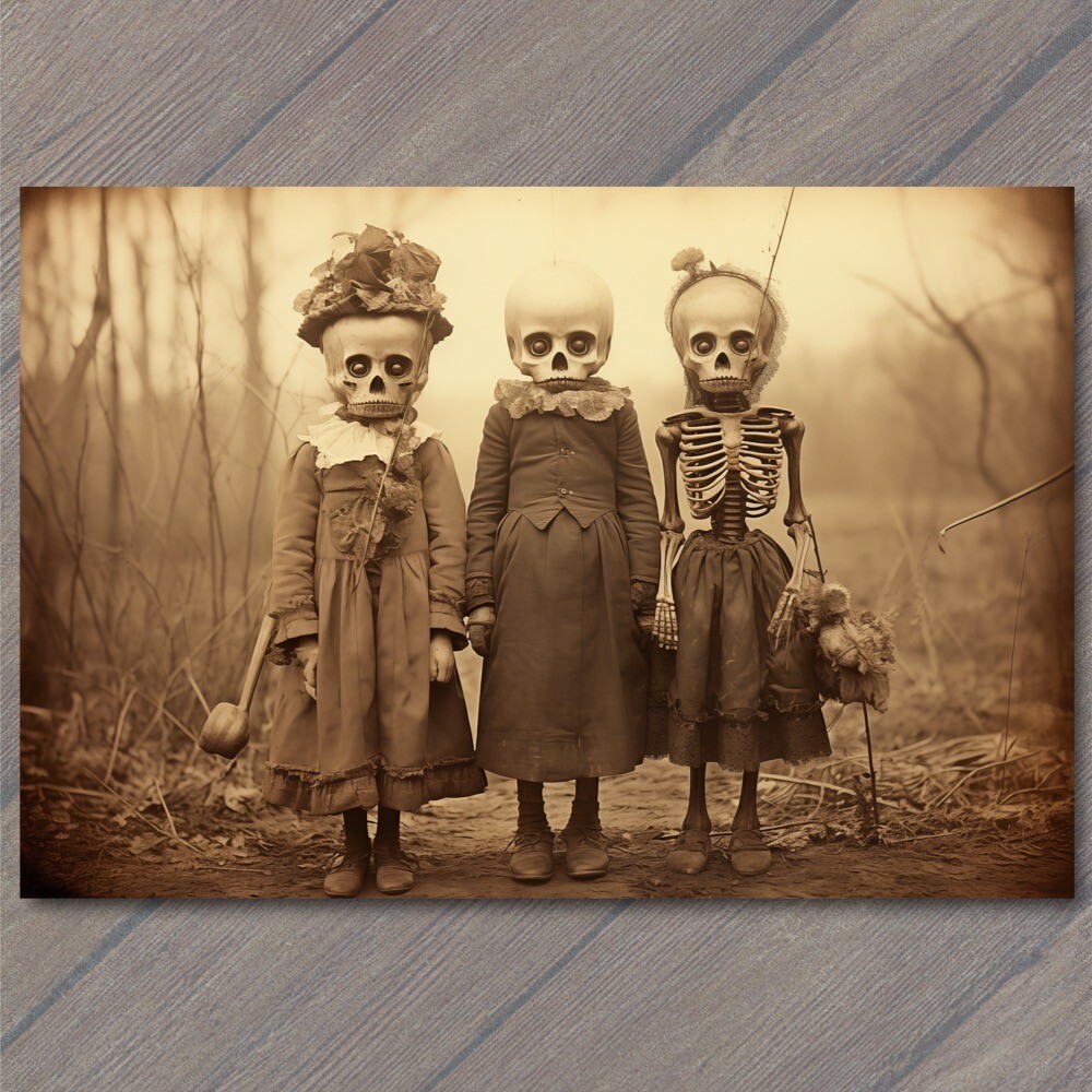 POSTCARD Children Skeleton Sisters Skull Masks Weird Creepy Vibe ...
