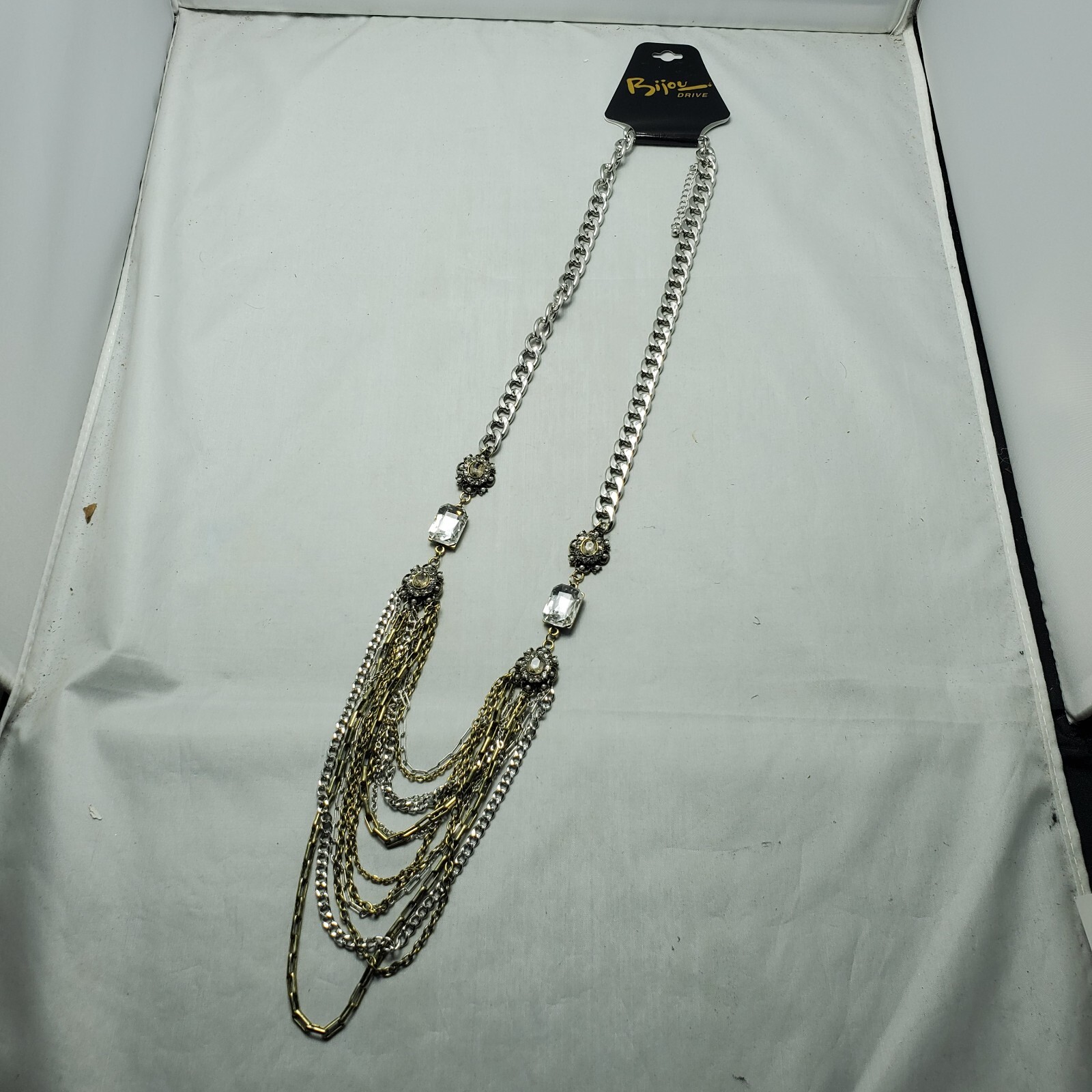 Bijou statement crystal stone deco accent chain necklace gold silver ...