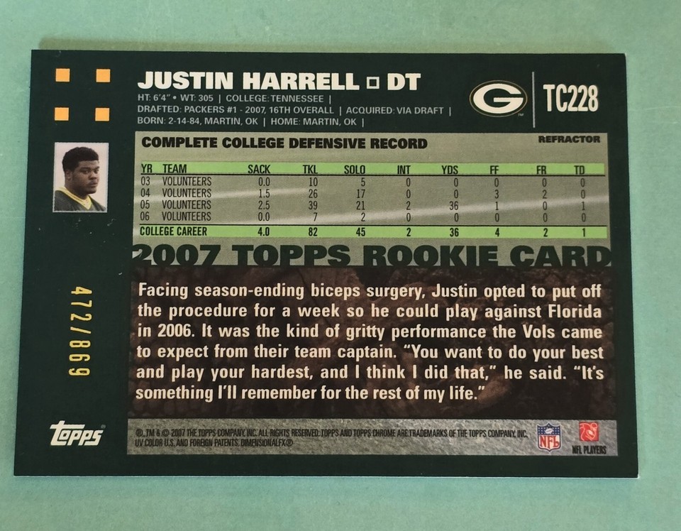 2007 Topps Chrome JUSTIN HARRELL #TC228 Rookie White Refractor SP #/869 ...