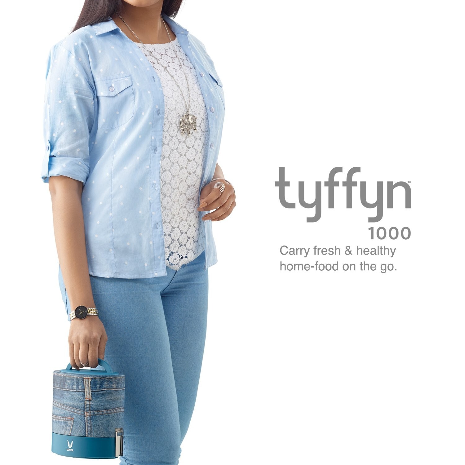 Copper-Finished Stainless Steel Lunch Box, 1000 ml, 3 Containers, Denim ...