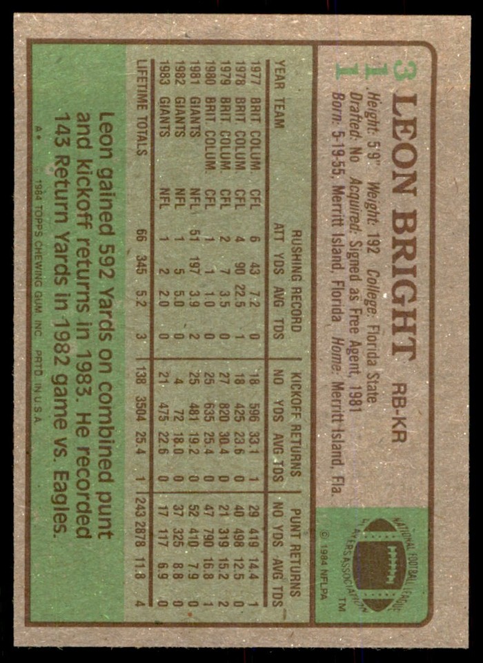 1984 TOPPS^ LEON BRIGHT NEW YORK GIANTS #311 | eBay