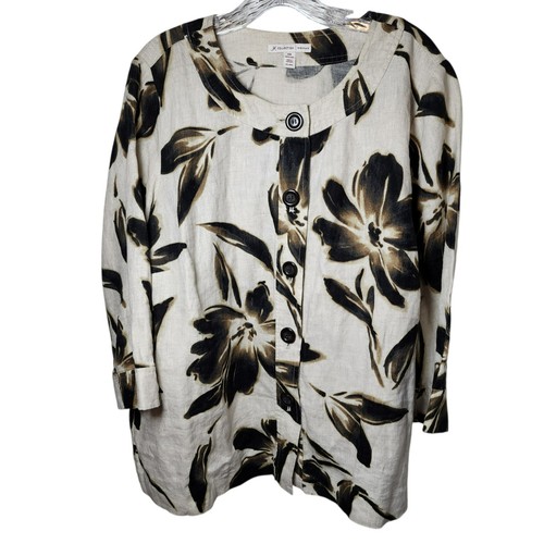JM Collection 16W 100% Linen Button Front Blouse Floral Print Beige ...