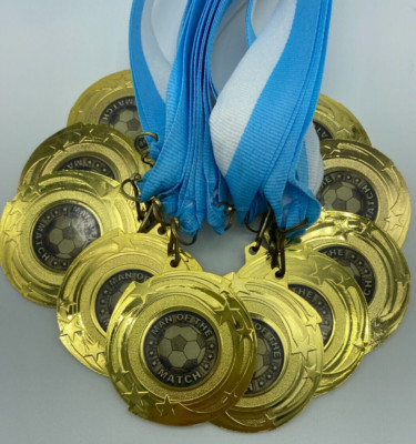 10 x Man of the Match Medals + Light Blue & White Ribbons, Gold ...