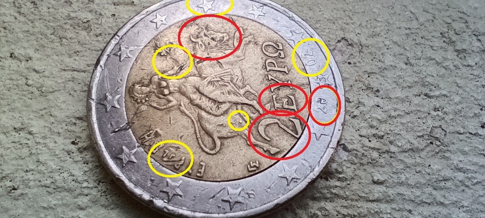 ERROR 2 EURO COIN Greece-NUMBERS missprint+extra metal+Die Chip ERROR ...