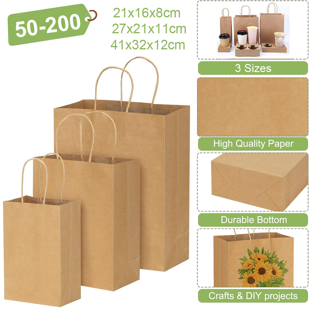 50-200 Kraft Brown Paper Bags with Handles Shopping Grocery Party Gift ...