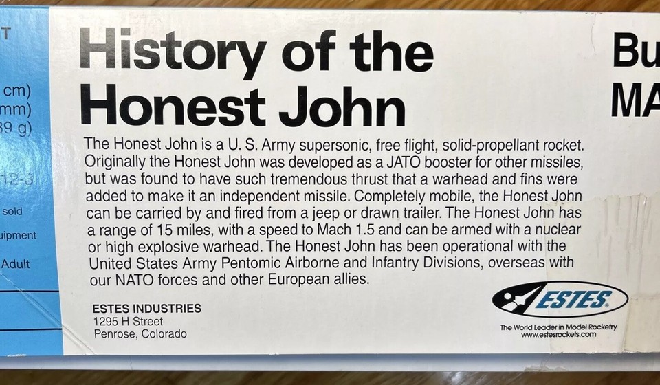 Vintage Estes U.S.Army Honest John Ballistic Missile Model, #2166, 1/9 ...