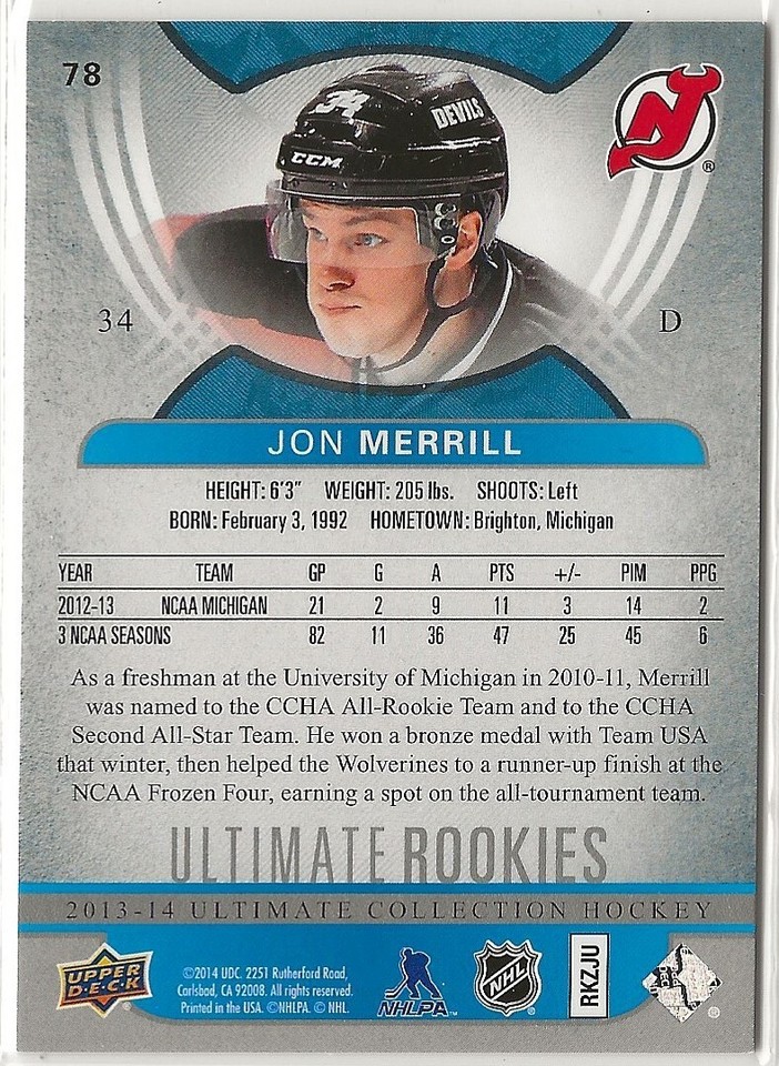 2013-14 Ultimate Collection Ultimate Rookies #78 Jon Merrill 208/499 NJ ...