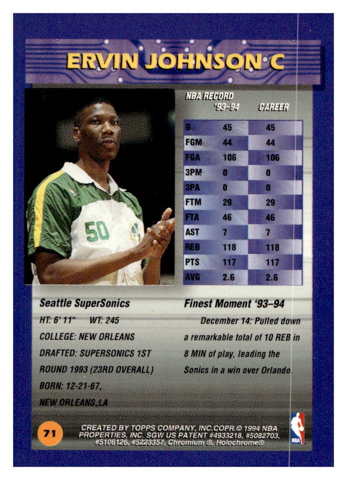 1994 Finest 71 Ervin Johnson Supersonics Basketball Card | eBay