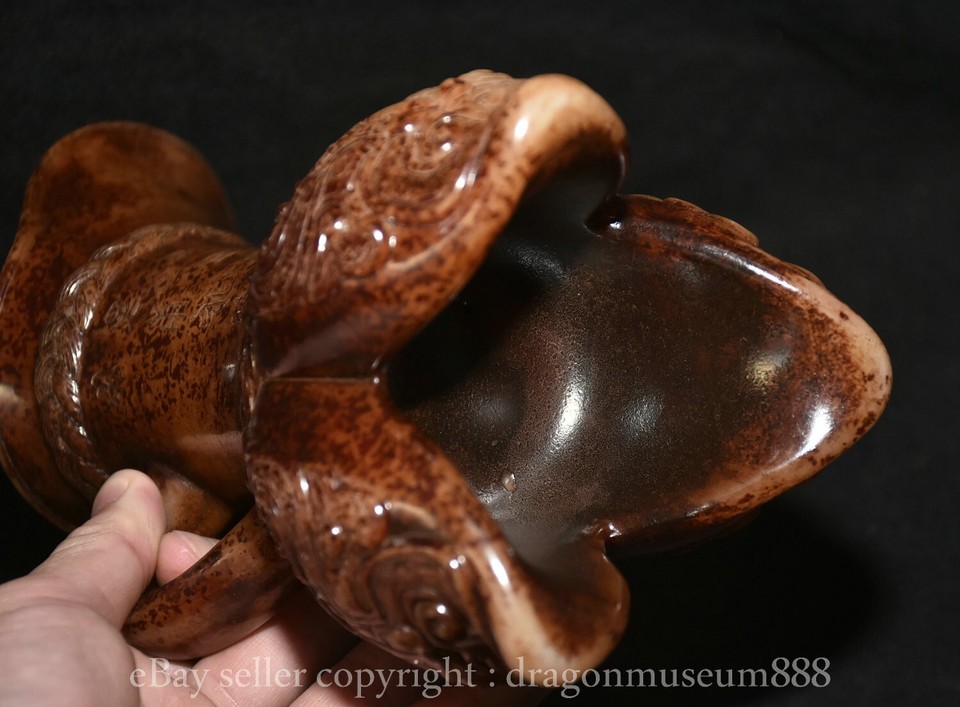 8.8" Chinese Natural Xiu Jade Carved Dynasty Beast face 3 Foot Wine ...