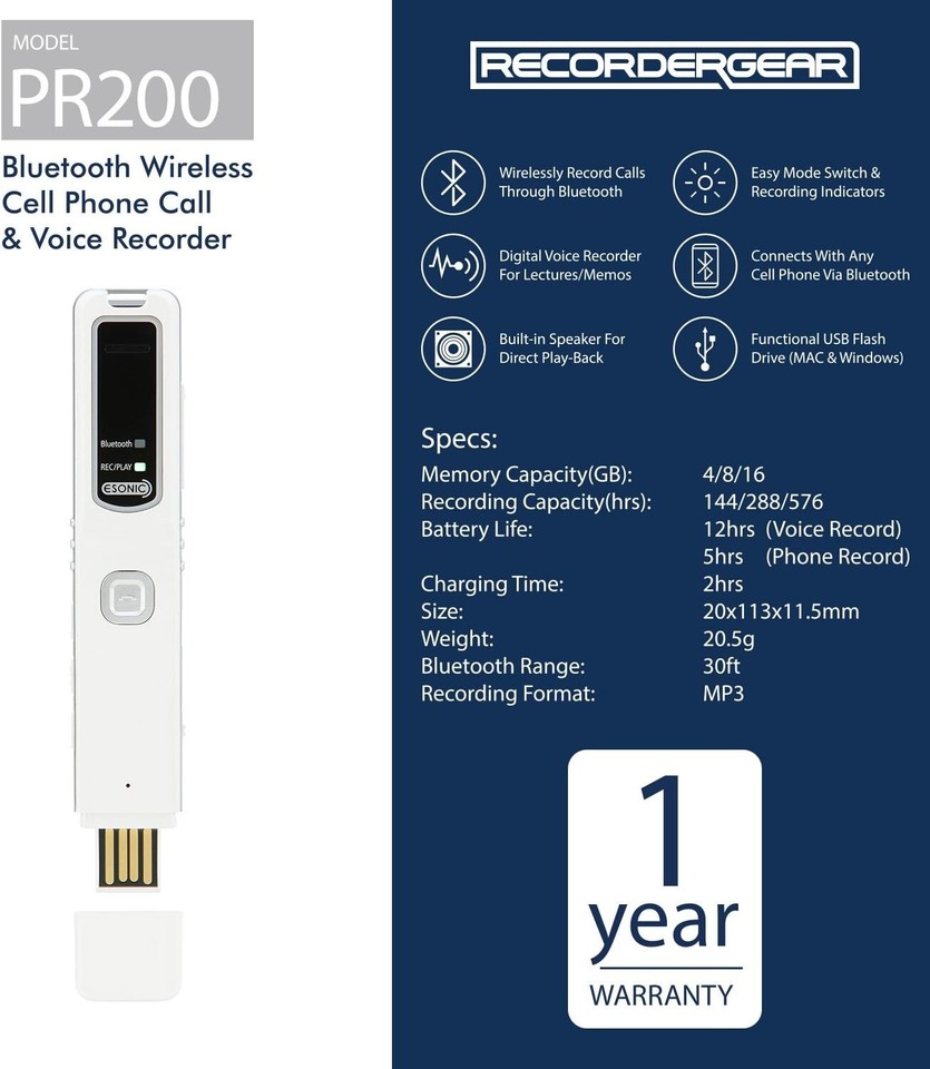 PR200 Bluetooth Cell Phone Call Recording Device, iPhone Android Mobile ...