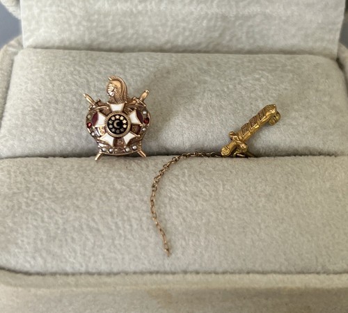 10k Gold Vintage Badge - Seed Pearl Garnet/Ruby Masonic Pin With Guard ...