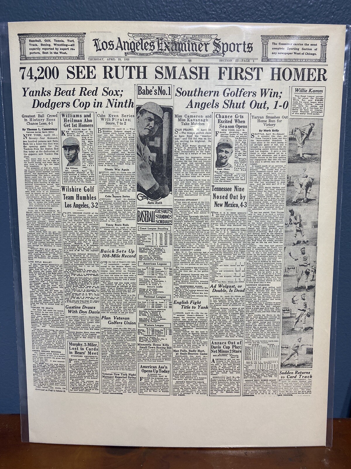 VINTAGE NEWSPAPER HEADLINE ~BABE RUTH HITS 1st HOME RUN ~1923 YANKEES ...