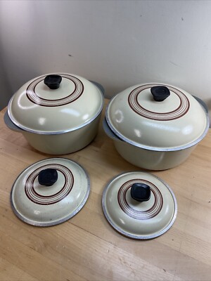 Vintage Club Cookware Lot Harvest Yellow With Brown Stripes Sauce Pans ...