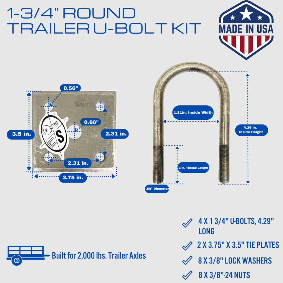 USA Made 2,000 lbs. Trailer Axle Suspension Kit (Leaf Springs, Shackle ...