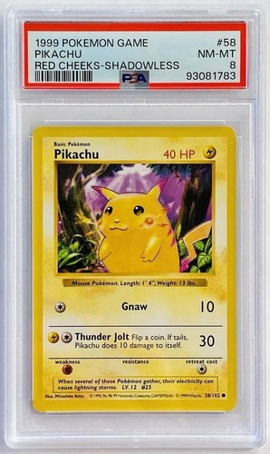 Pokemon TCG - Shadowless Red Cheeks Pikachu Base Set 1999 58/102 PSA 8 ...