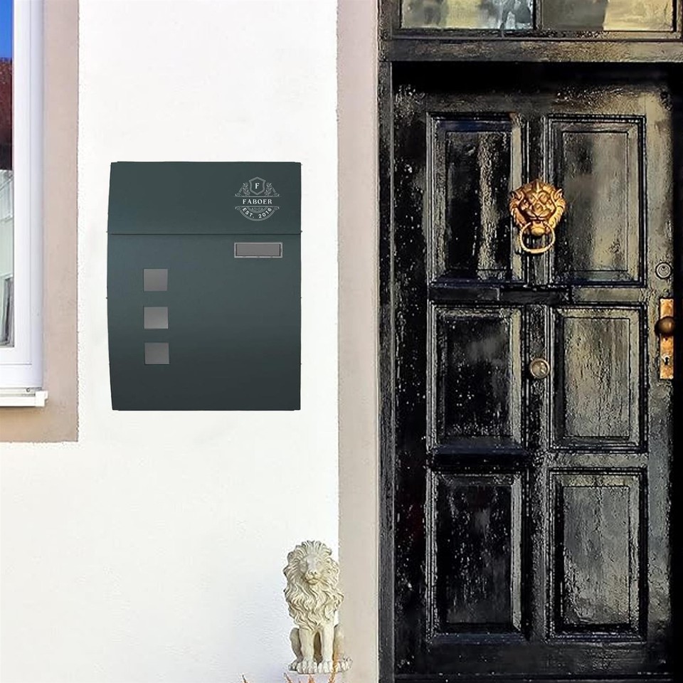 Faboer Large Mailbox Steel Wall-Mounted Curved Letterbox Key Lock ...