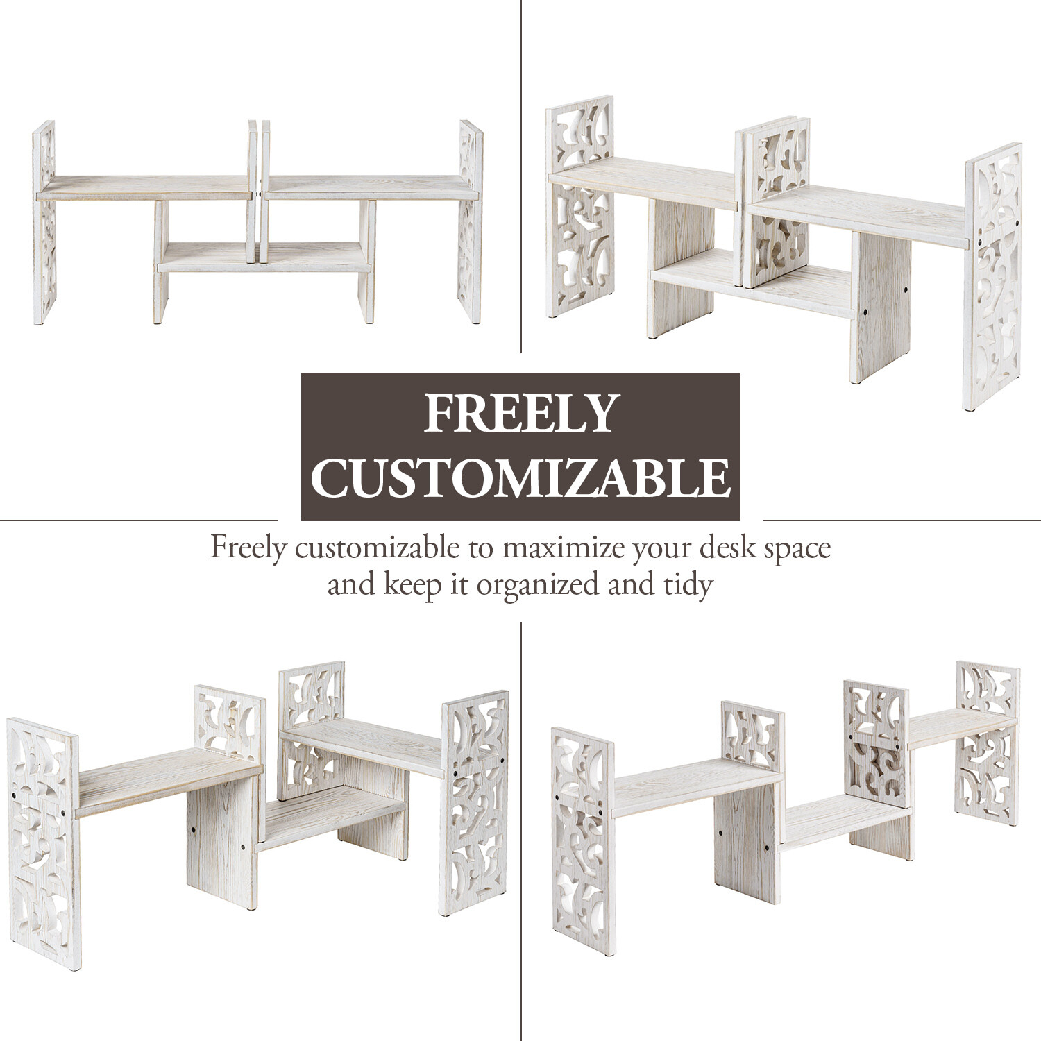 White Wood Adjustable Desktop Shelf, Desk Storage Shelving Rack, 3 ...