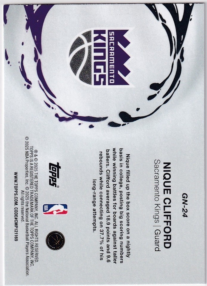 2025-26 TOPPS GENERATIONS NOW RC NIQUE CLIFFORD SACRAMENTO KINGS ROOKIE ...