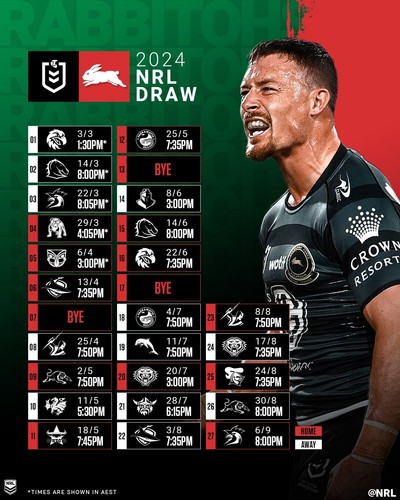2024 DRAW SOUTH SYDNEY RABBITOHS RUGBY NRL MATCH FIXTURE POSTER ...