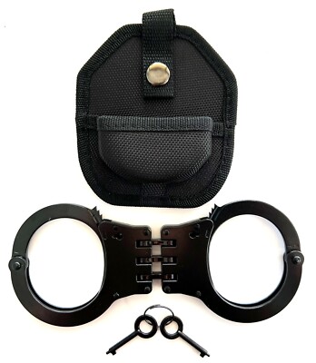 HEAVY DUTY BLACK HINGED POLICE SECURITY HANDCUFFS W CASE & KEYS double ...