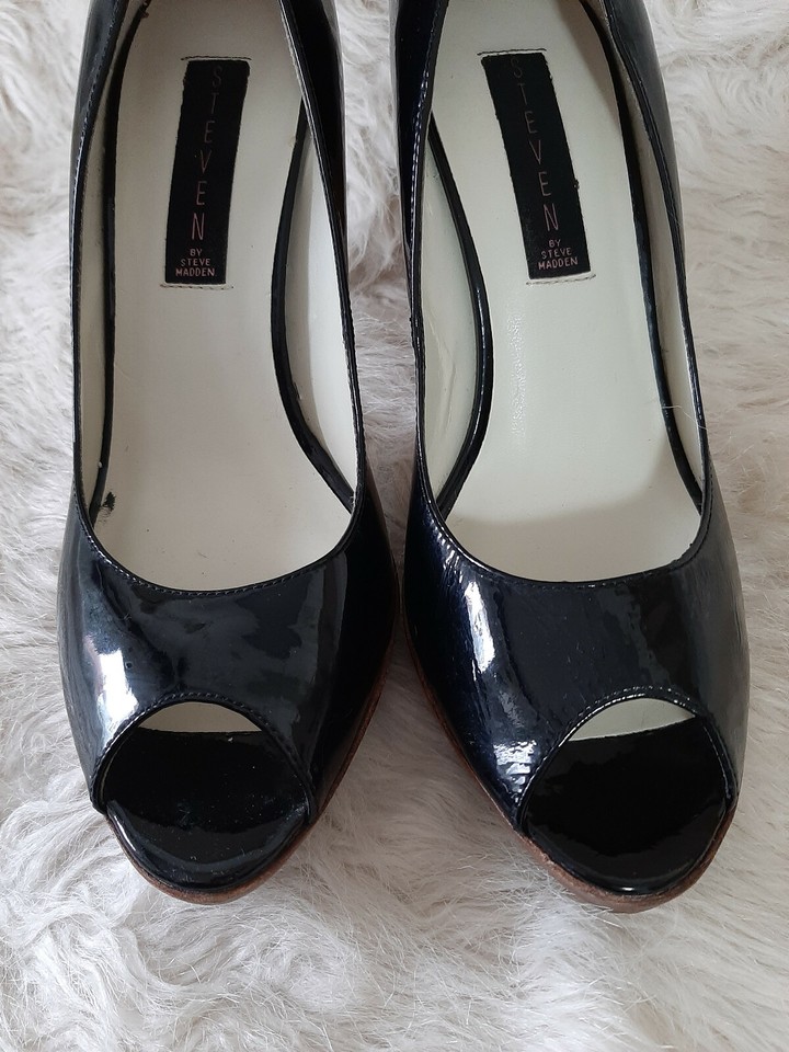 Steven Madden Women Black Patent Leather Peep-Toe Slip-On High Heel ...