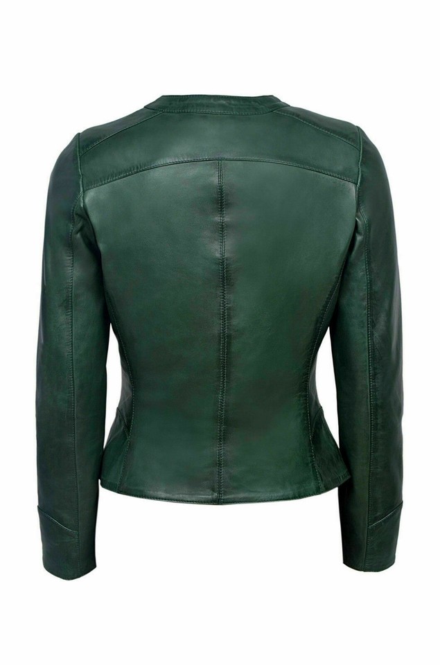 Women Round Neck Green Jacket 100% Lambskin Soft Leather Biker Jacket ...