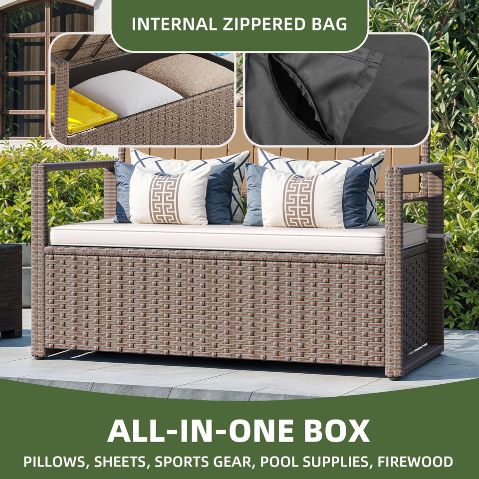 YINTATECH Outdoor Patio Furniture PE Rattan Storage Bench Deck Box With ...