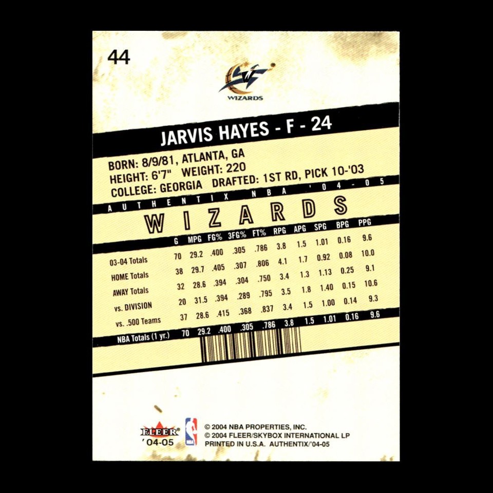 Jarvis Hayes 2004-05 Fleer Authentix Washington Wizards #44 R328D 66 | eBay