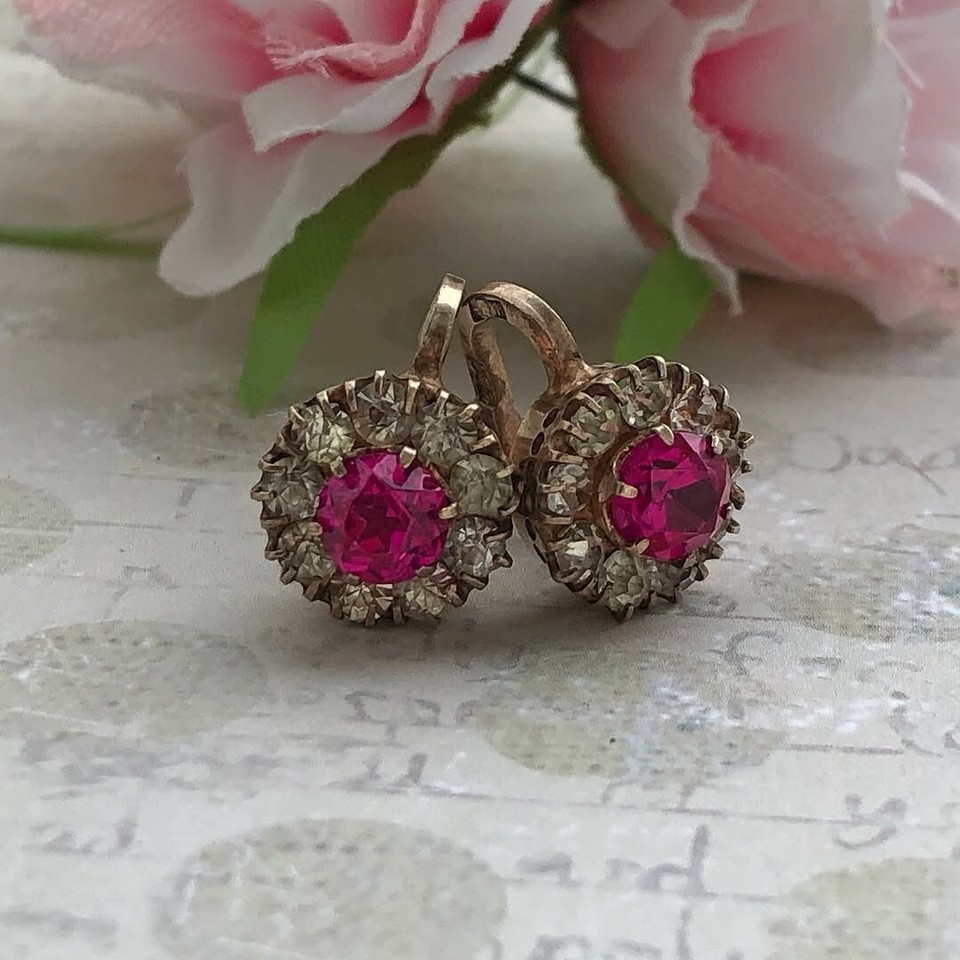 Antique 1950s USSR Pair Of Stud Gilt Silver 875 Ruby Rock Crystal ...