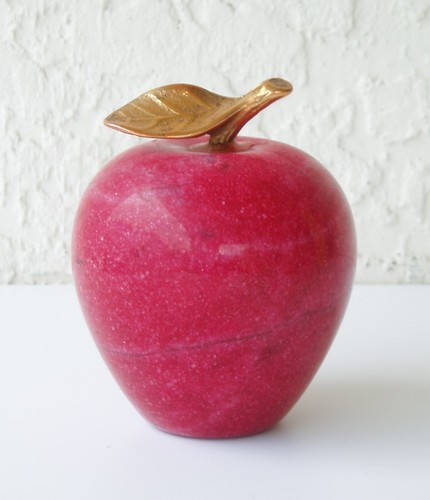 Apple Paperweight Red Pink Marble Alabaster Brass Stem and Leaf 3 1/2 ...