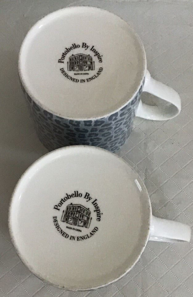 PORTOBELLO BY DESIGN BONE CHINA Set 2 COFFEE/TEA CUP Gray Animal Print ...