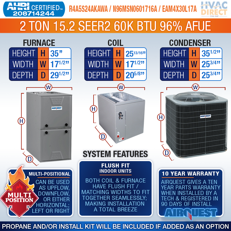 ACiQ 2 Ton Air Conditioning & 95% 60000 BTU NG/LP Gas Furnace AC System ...