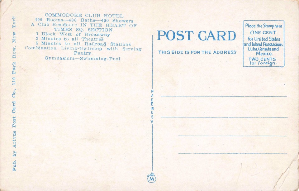 Postcard New York Commodore Club Hotel For Men & Women New York City NY ...
