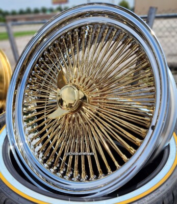 20" Inch All Gold CENTER Chrome Lip 150 Spoke Wire Wheels Rims Spokes ...