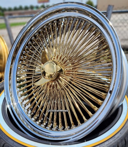 20" Inch All Gold CENTER Chrome Lip 150 Spoke Wire Wheels Rims Spokes ...