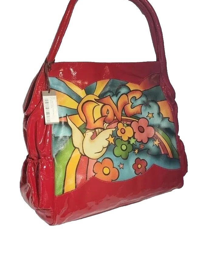 RARE ISABELLA FIORE RED TATTOO DOVE RAINBOW TRAVEL XLG HOBO SHOULDERBAG ...