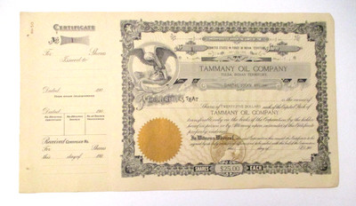 ANTIQUE 190_ TAMMANY OIL Co TULSA INDIAN TERRITORY STOCK CERTIFICATE ...
