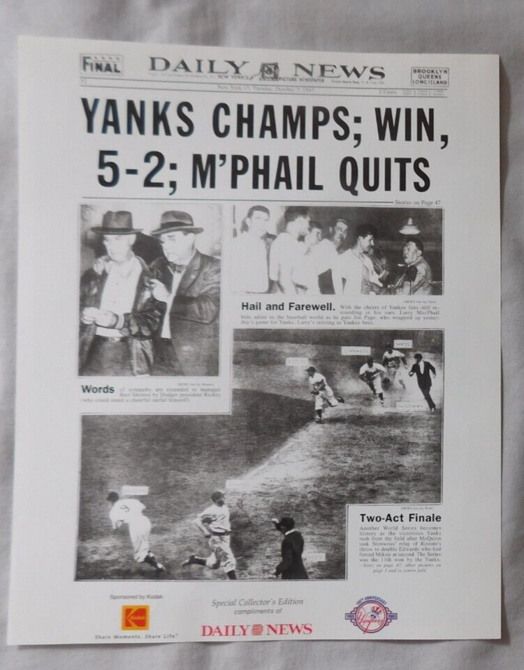 1947 New York Yankees World Champions Team 8x10 Photo Daily News Insert ...