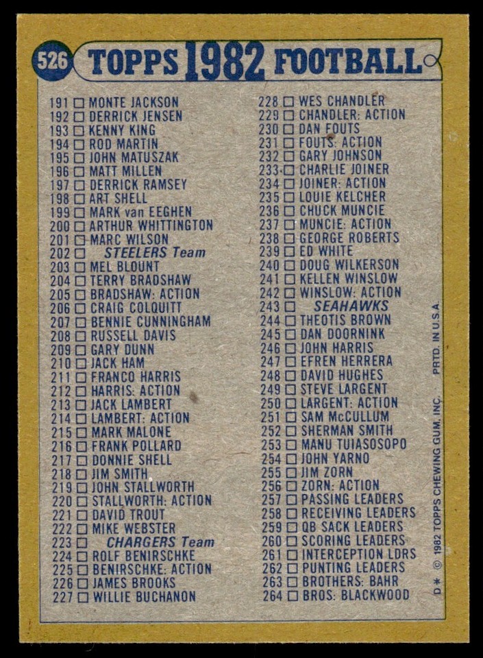 1982 Topps Football Card Checklist 133-264 1982 Football #526 | eBay